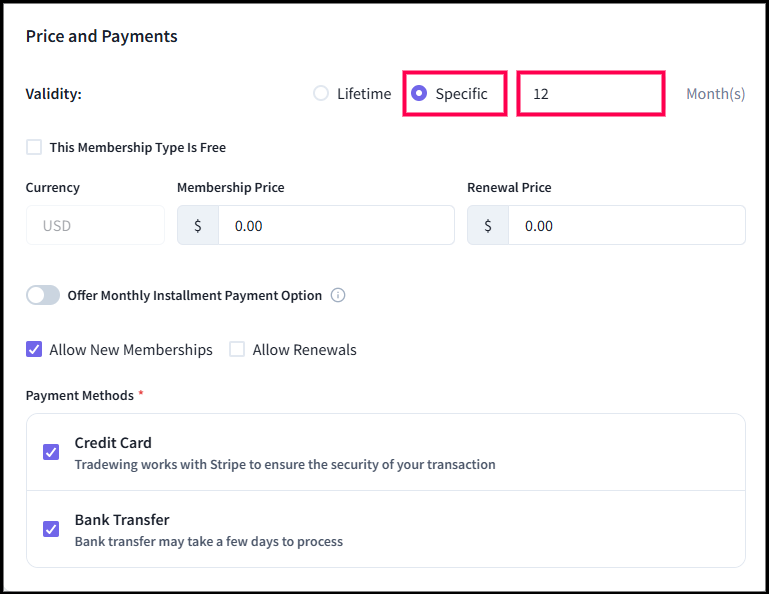 Configuring Price and Payment in Corporate Membership Types Settings